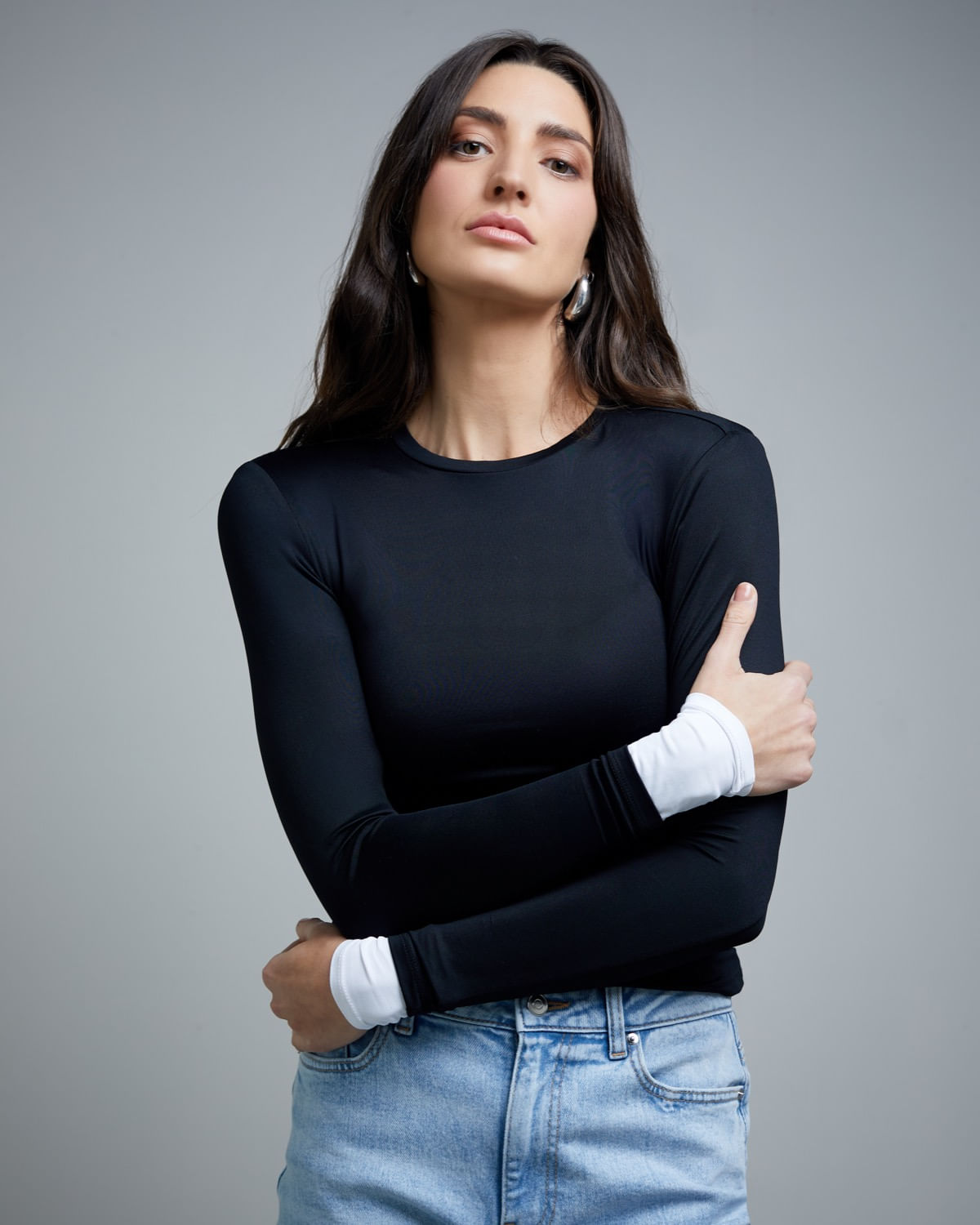 Long Sleeve Crew Neck Polyamide Fitted Top - Dunnes Stores