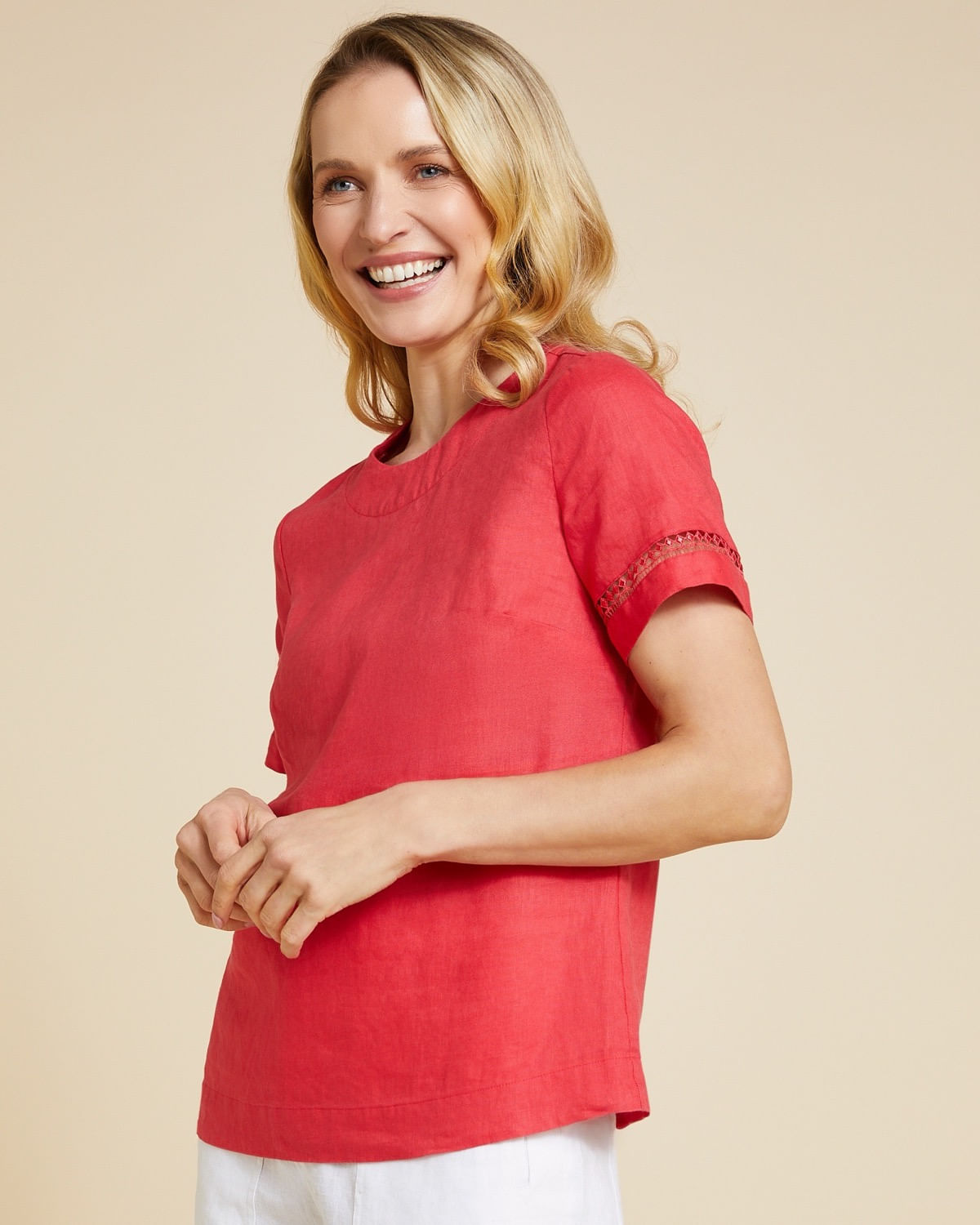 Paul Costelloe Living Studio Red Sleeve Detail 100% Linen Shell Top ...