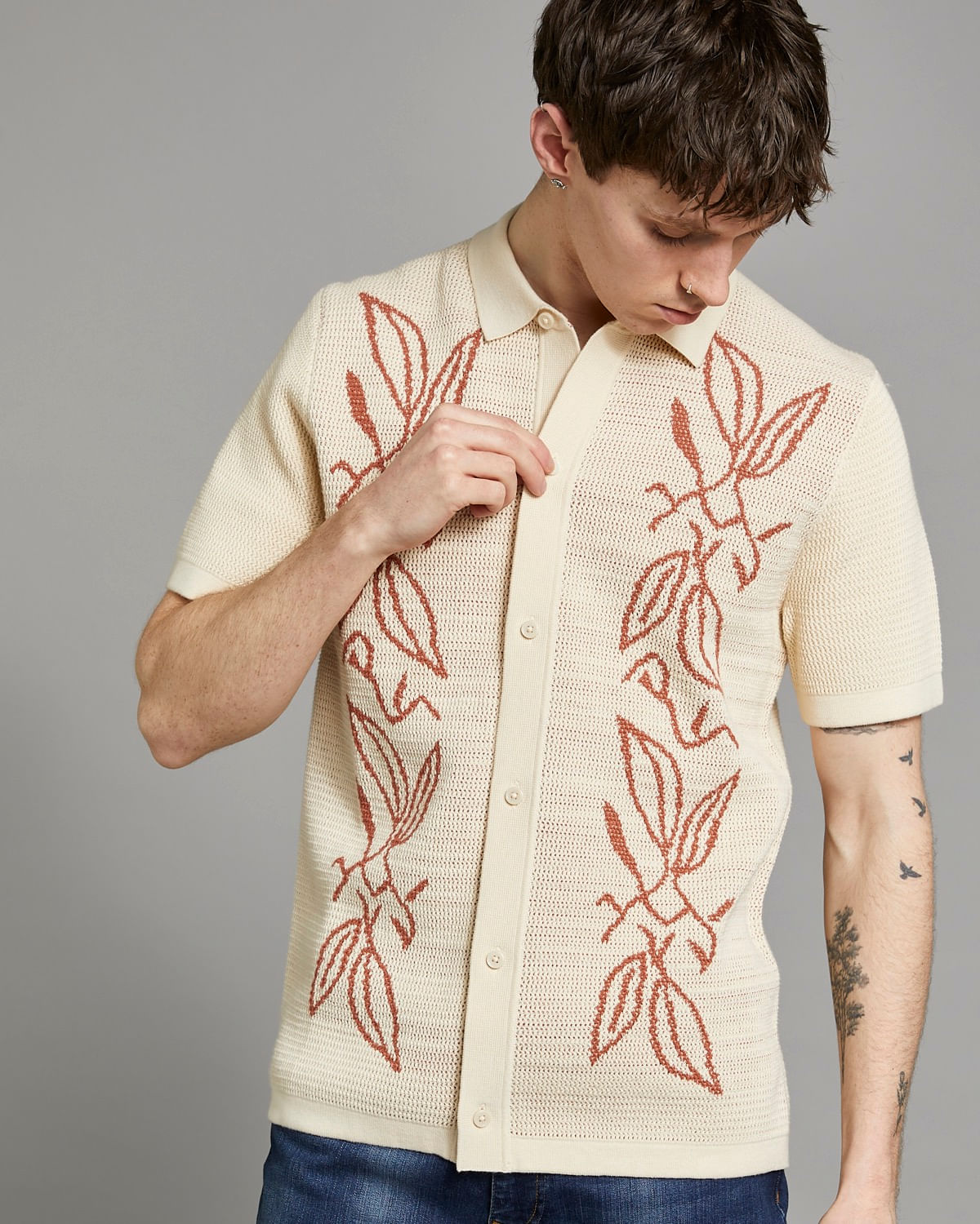 Paul Galvin Fuinseog Ash-Leaf Repeat Print Knit Shirt - Dunnes Stores